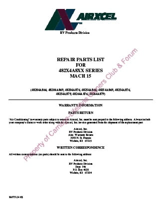 AirXcel AC Mach 15 Living Rm. Unit Repair Parts List – Carriage RV Club ...
